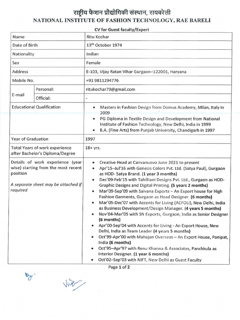 Ritu Kochar CV Nift Format Scan | PDF