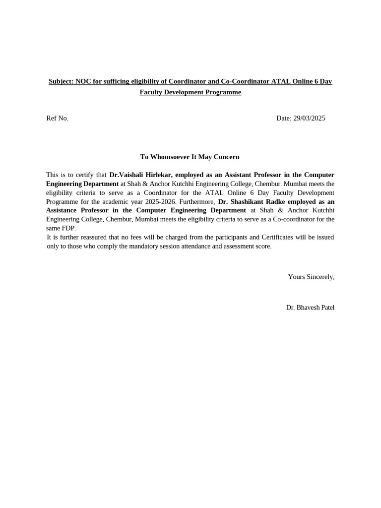 NOC for ATAL FDP Coordinator Eligibility | PDF