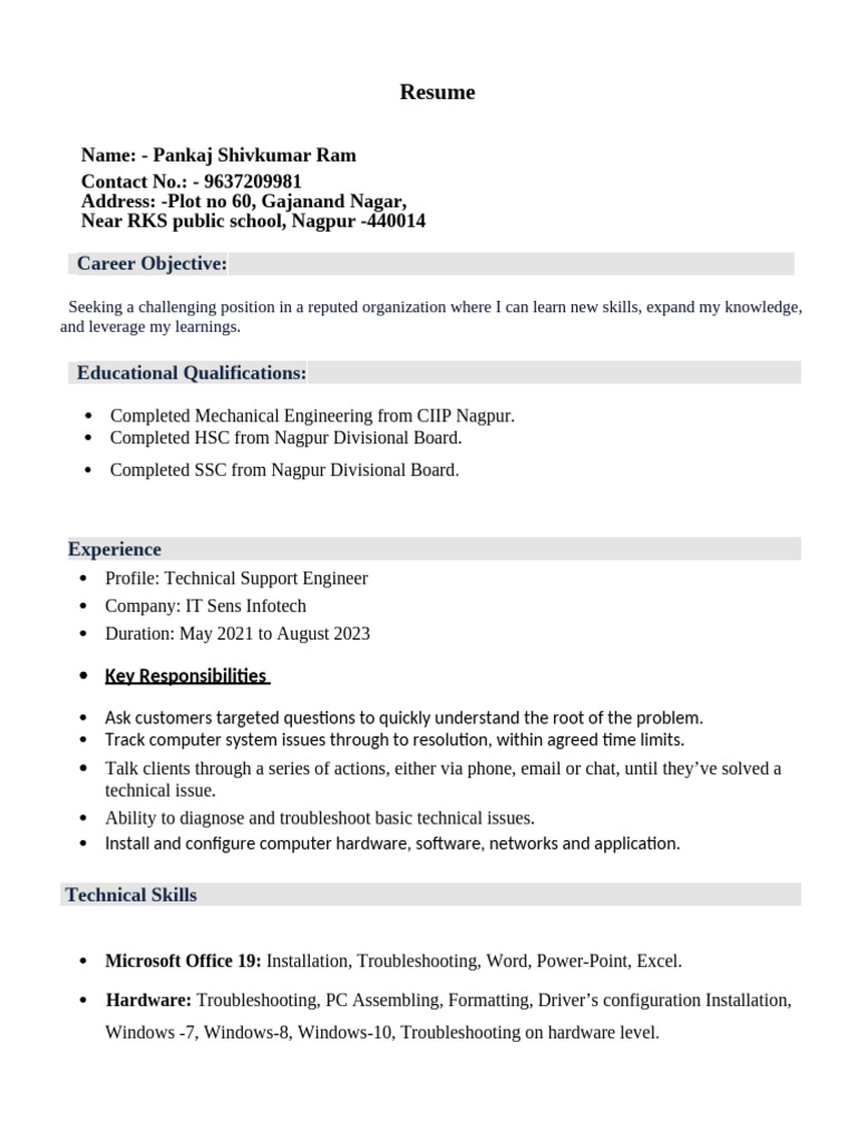 Pankaj Ram Resume | PDF