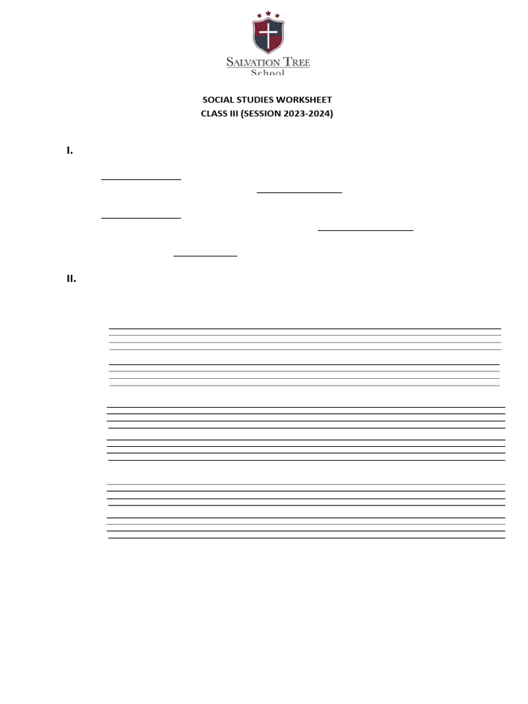 SOCIAL STUDIES WORKSHEET Class III (2023-2024) | PDF