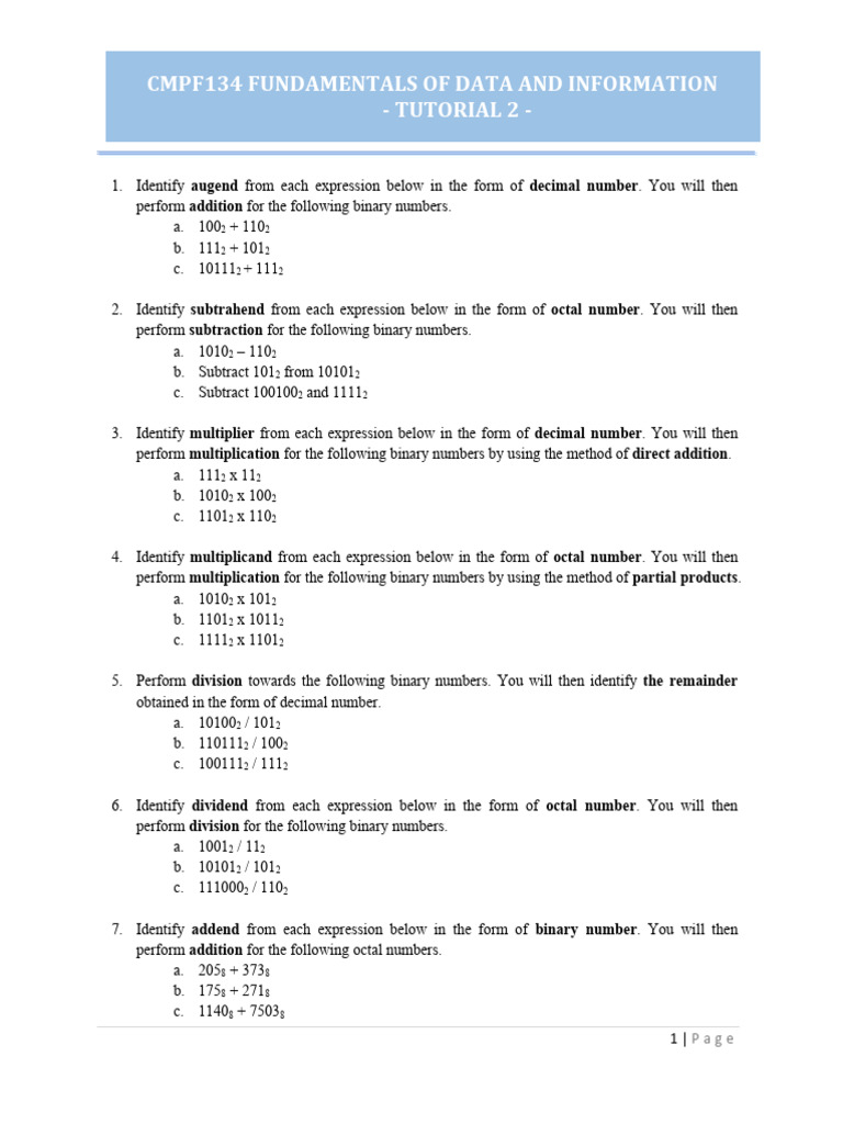 Binary Arithmetic Operations Tutorial | PDF | Subtraction | Numbers