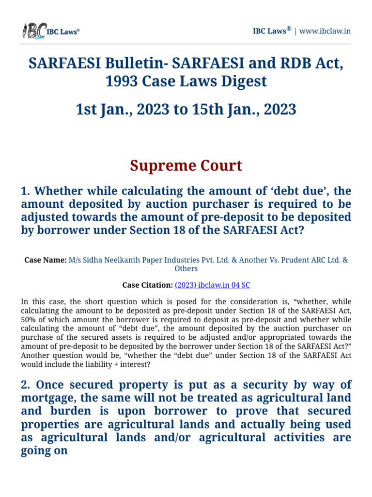 SARFAESI Bulletin - SARFAESI and RDB Act, 1993 Case Laws Digest - 1st Jan., 2023 To 15th Jan ...