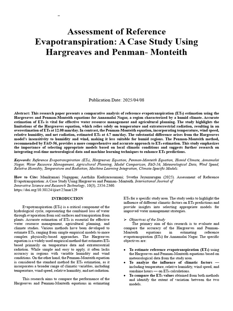 Assessment of Reference Evapotranspiration: A Case Study Using ...