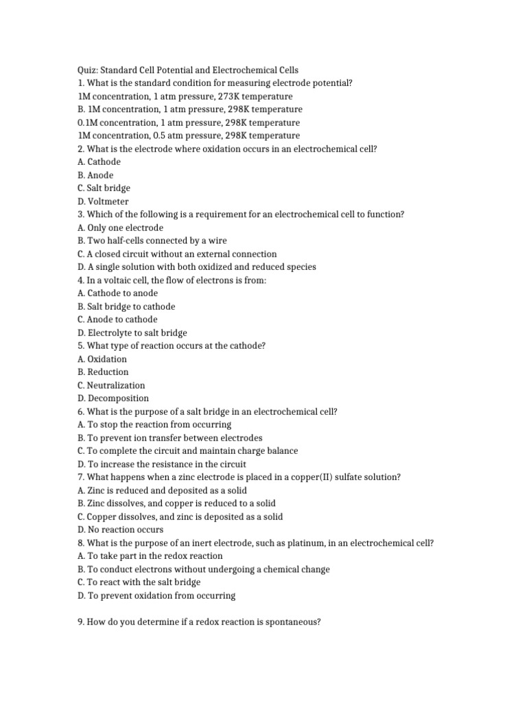 Quiz Standard Cell Potential | PDF