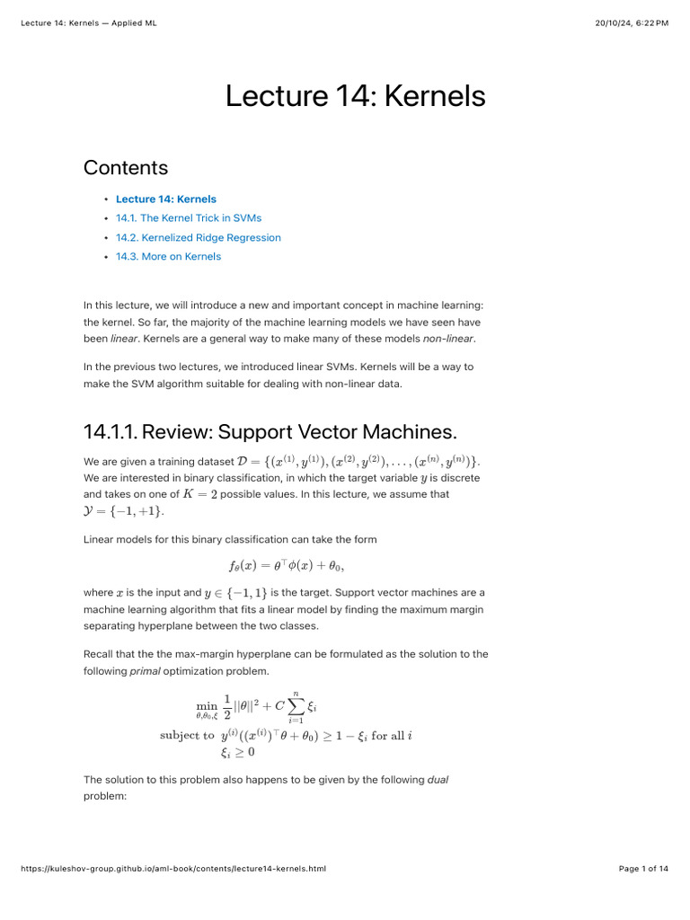 Lecture 14: Kernels - Applied ML | PDF | Support Vector Machine | Machine Learning
