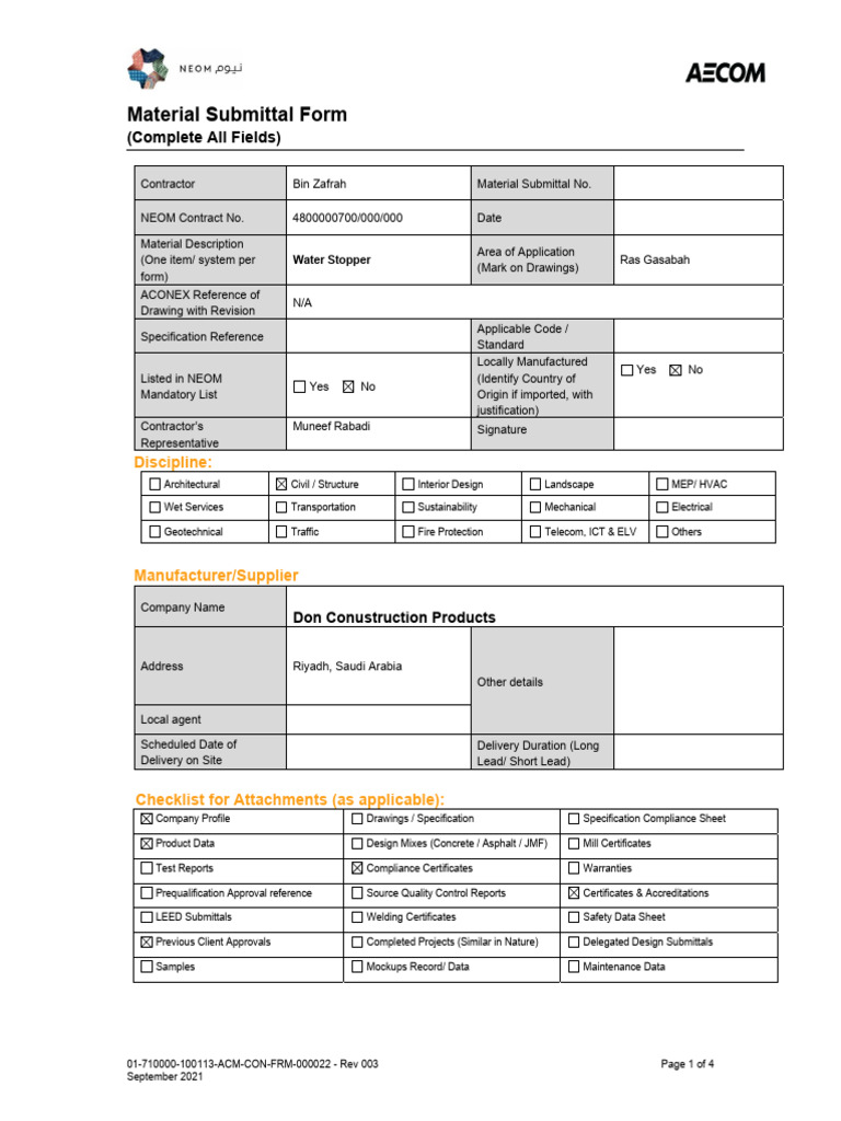 Water Stopper Material Submittal Form | PDF | Concrete | Specification ...