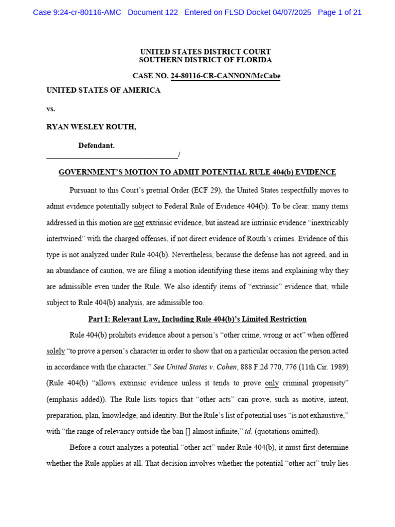 DOJ Motion Ryan Routh Case | PDF | Relevance (Law) | Evidence (Law)