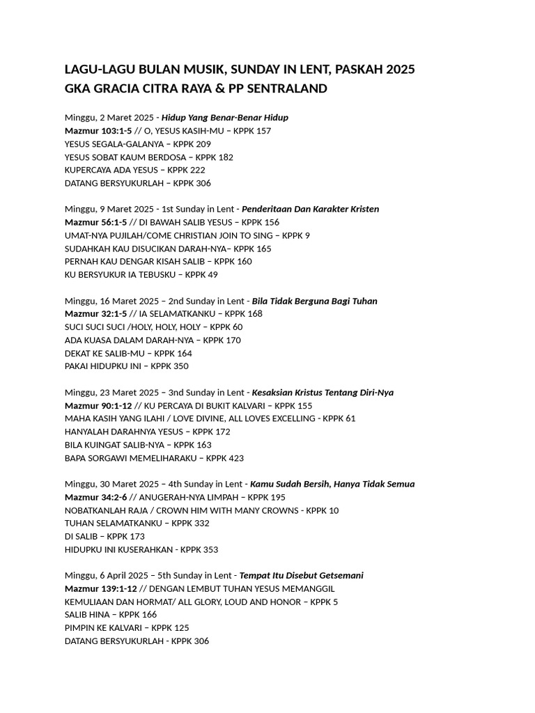 LAGU BULAN MUSIK, SUNDAYIN LENT, PASKAH 2025 | PDF