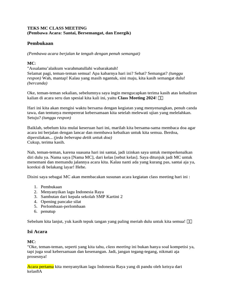 Teks MC untuk Class Meeting 2024 | PDF