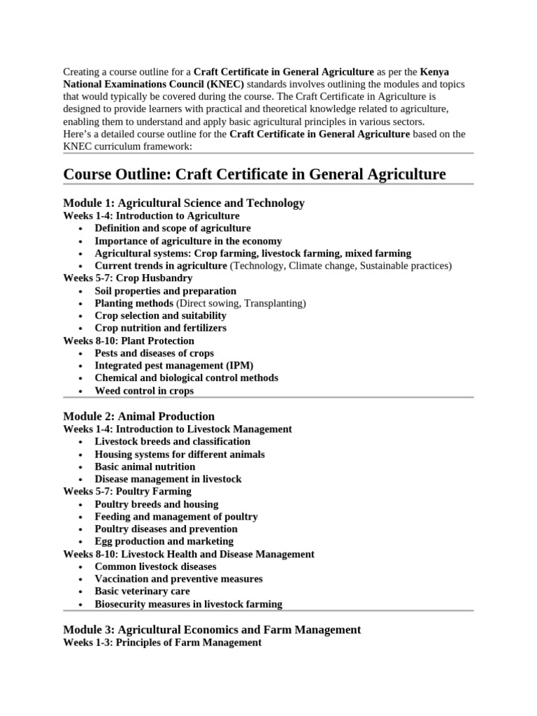 Craft Certificate in General Agriculture Outline | PDF | Agriculture ...