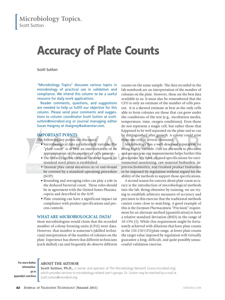 Sutton Accuracy of Plate Counts | PDF | Colony Forming Unit | Microscopy