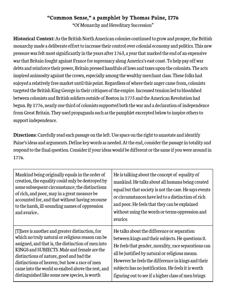 1.1 HW Common Sense, Thomas Paine | PDF | Common Sense | Thomas Paine