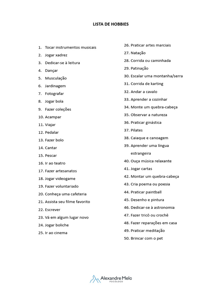 50 Hobbies Diversos para Aproveitar o Tempo | PDF