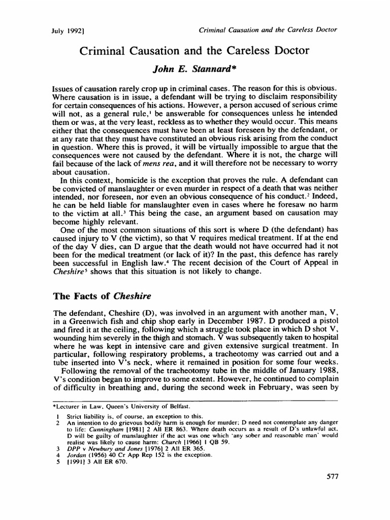 Modern Law Review - July 1992 - Stannard - Criminal Causation and The ...