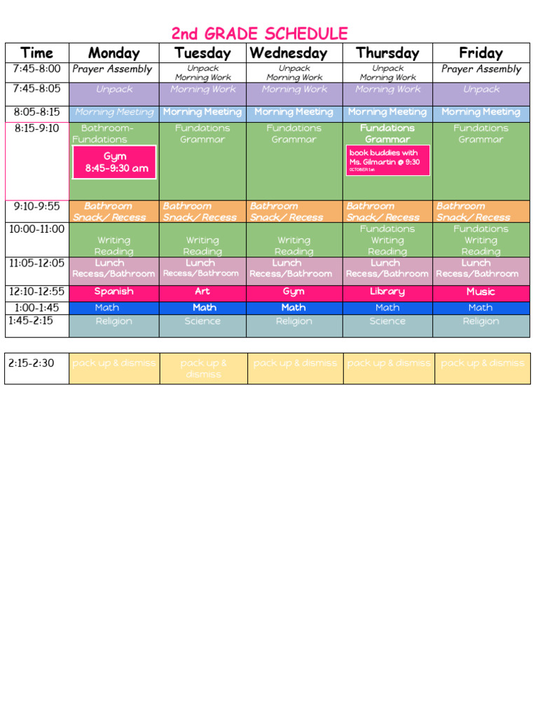 2nd Grade Weekly Class Schedule | PDF