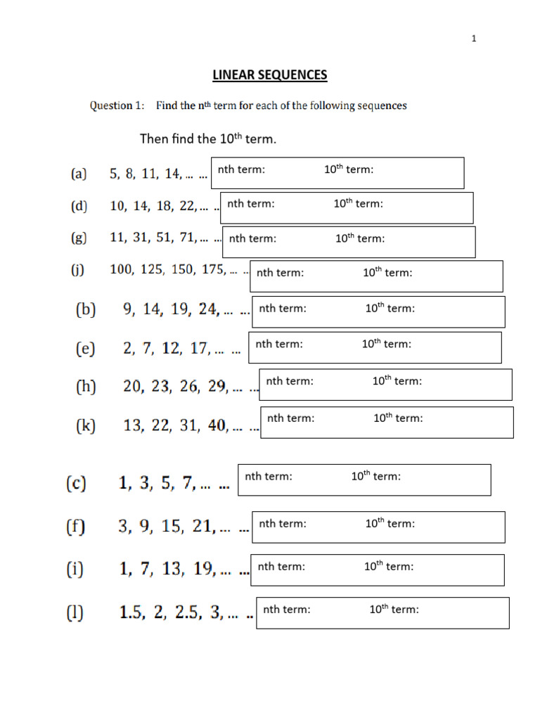 Linear Sequences Worksheet | PDF