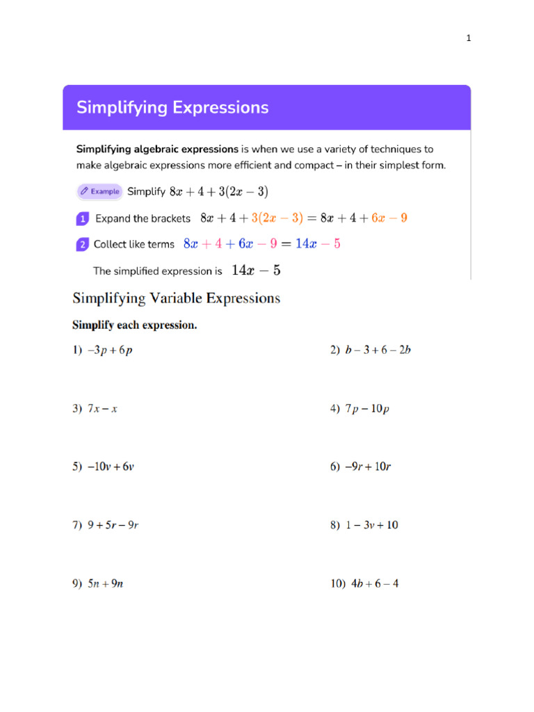 Simplifying Algebraic Expressions Guide | PDF