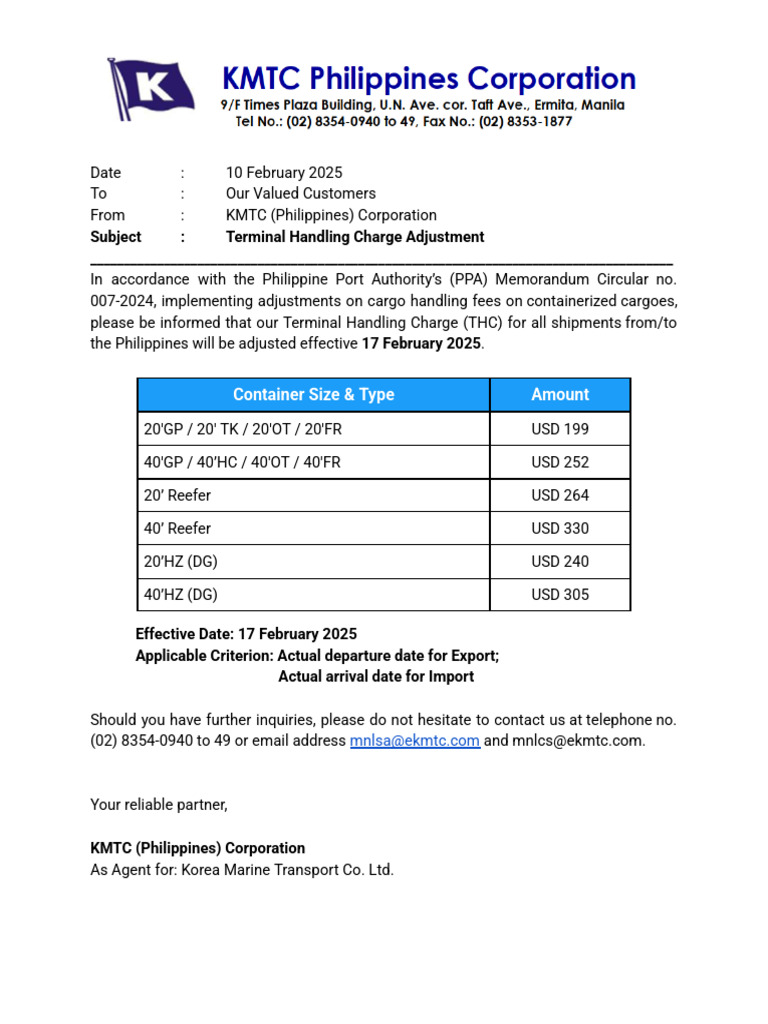 KMTC Terminal Handling Charge (THC) Adjustment 2025 | PDF