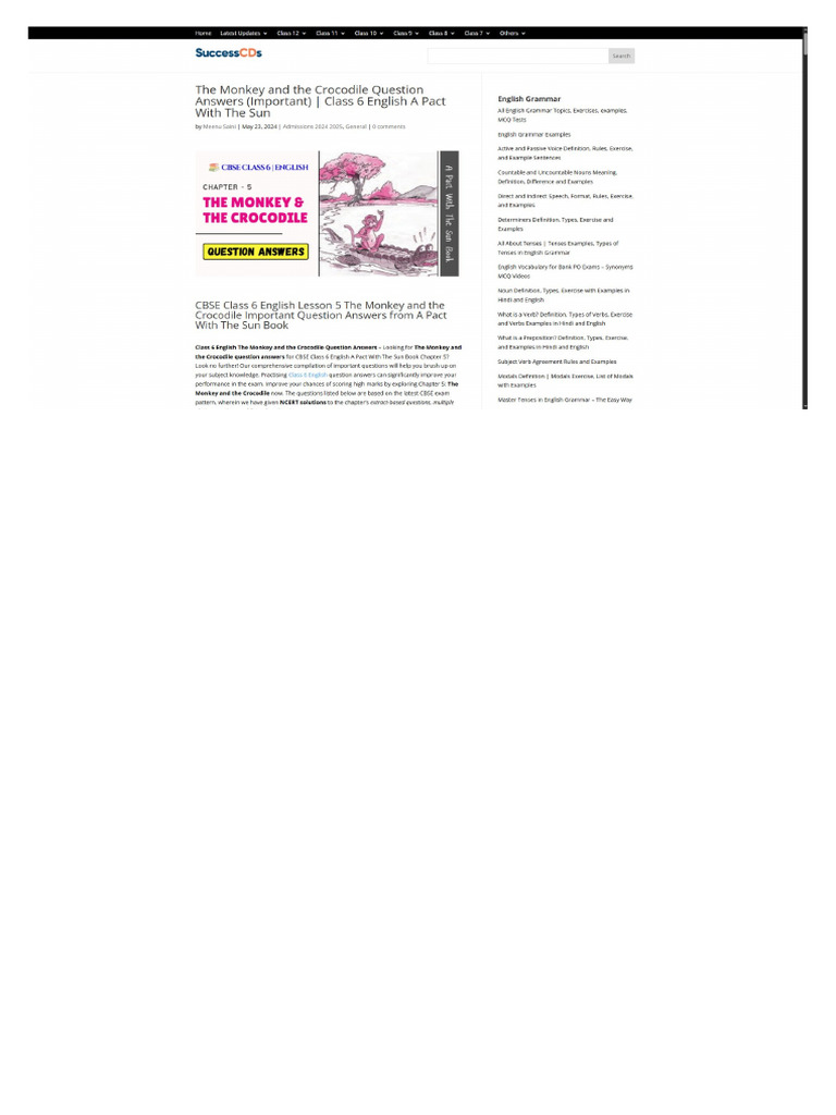 The Monkey and The Crocodile Question Answers Important Class 6 English ...