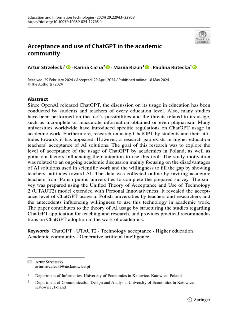 Acceptance and Use of ChatGPT in the Academic Community 2024 | PDF ...
