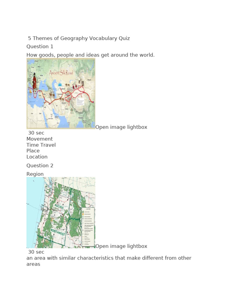 5 Themes of Geography Vocabulary Quiz | PDF
