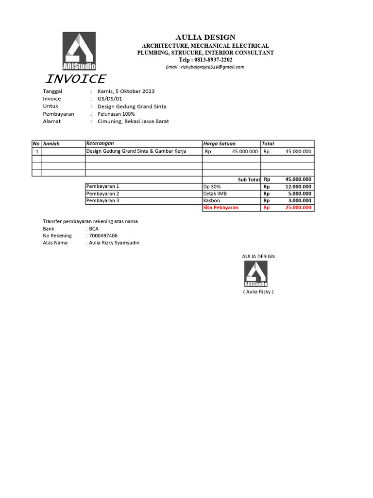 Invoice Desain Gedung Grand Sinta | PDF