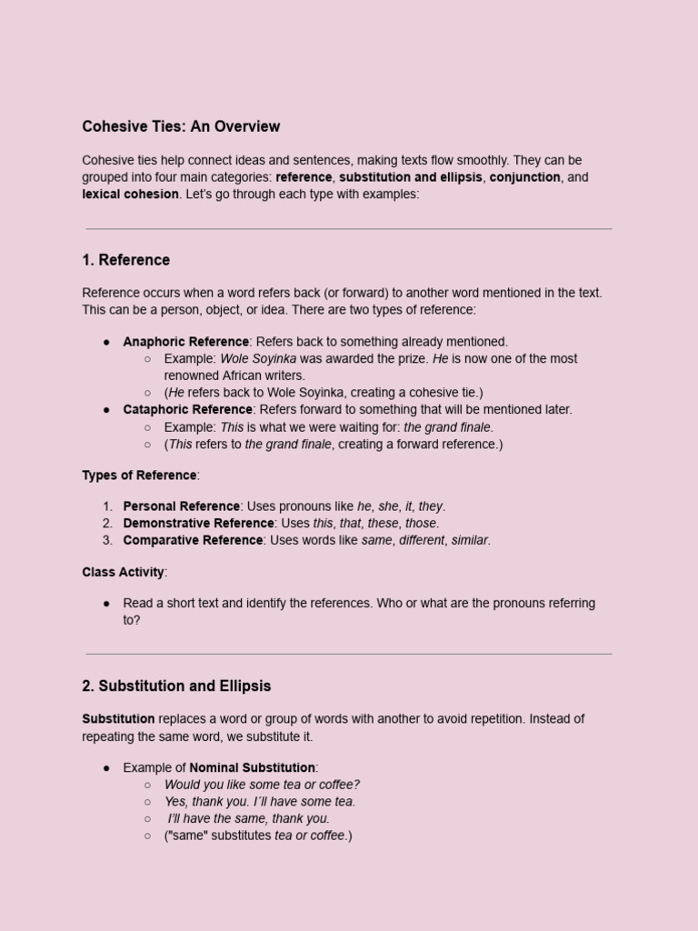 Examples of Cohesive Ties Explained | PDF | Word | Grammar