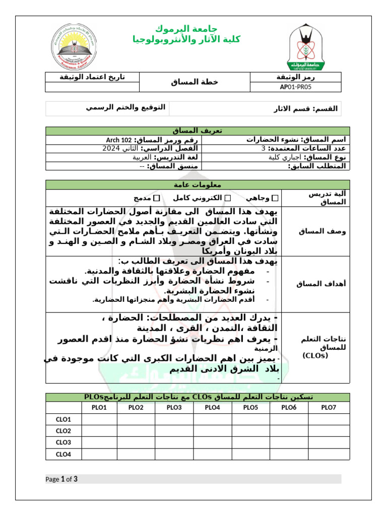 حطة مساق نشوء الحضارات ARCH 102 | PDF