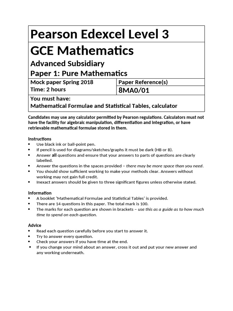 As Specimen Paper 1 Pure 2 | PDF | Mathematics | Factorization