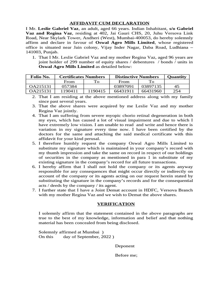 (Corrected) AFFIDAVIT CUM DECLARATION | PDF | Affidavit | Visual Impairment