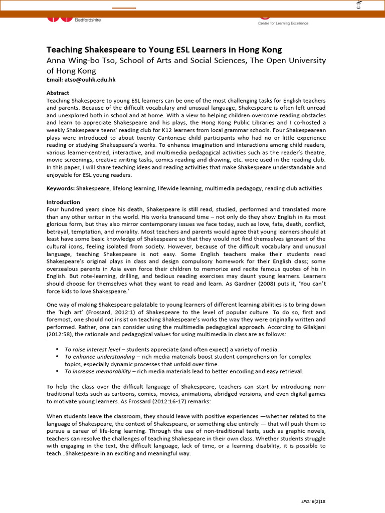Teaching Shakespeare To Young Learners | PDF | Learning | Reading ...