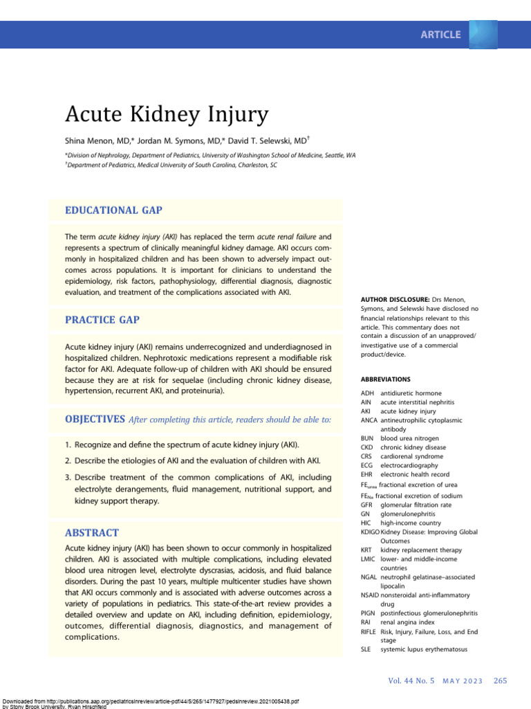 Aucte Kidney Injury Pedsinreview-2023 | PDF | Internal Medicine | Organ ...