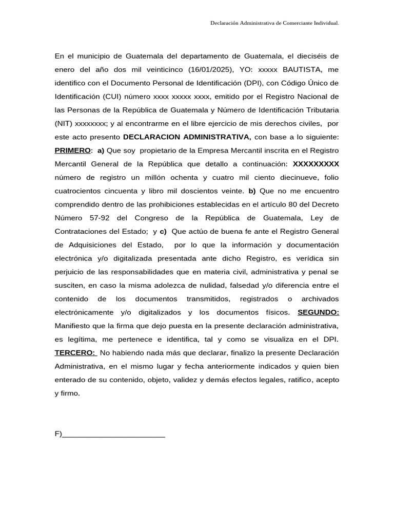 Modelo de Declaracion Administrativa SIMPLE Comerciante Individual | PDF