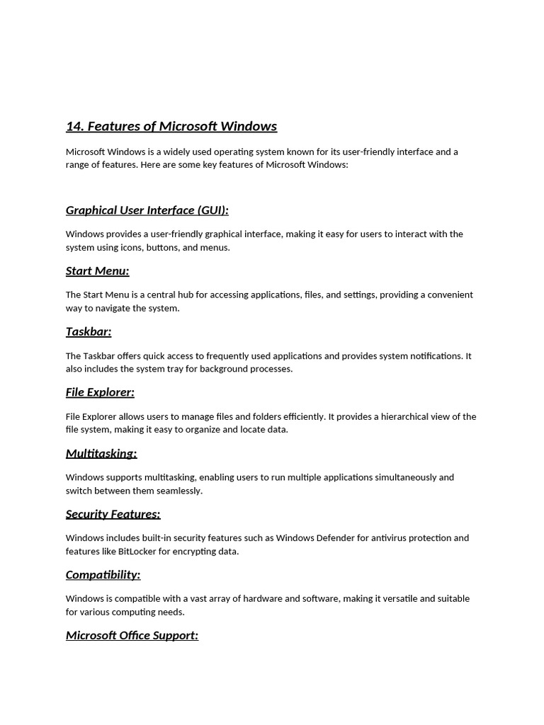 Features of Microsoft Windows: Graphical User Interface (GUI) | PDF