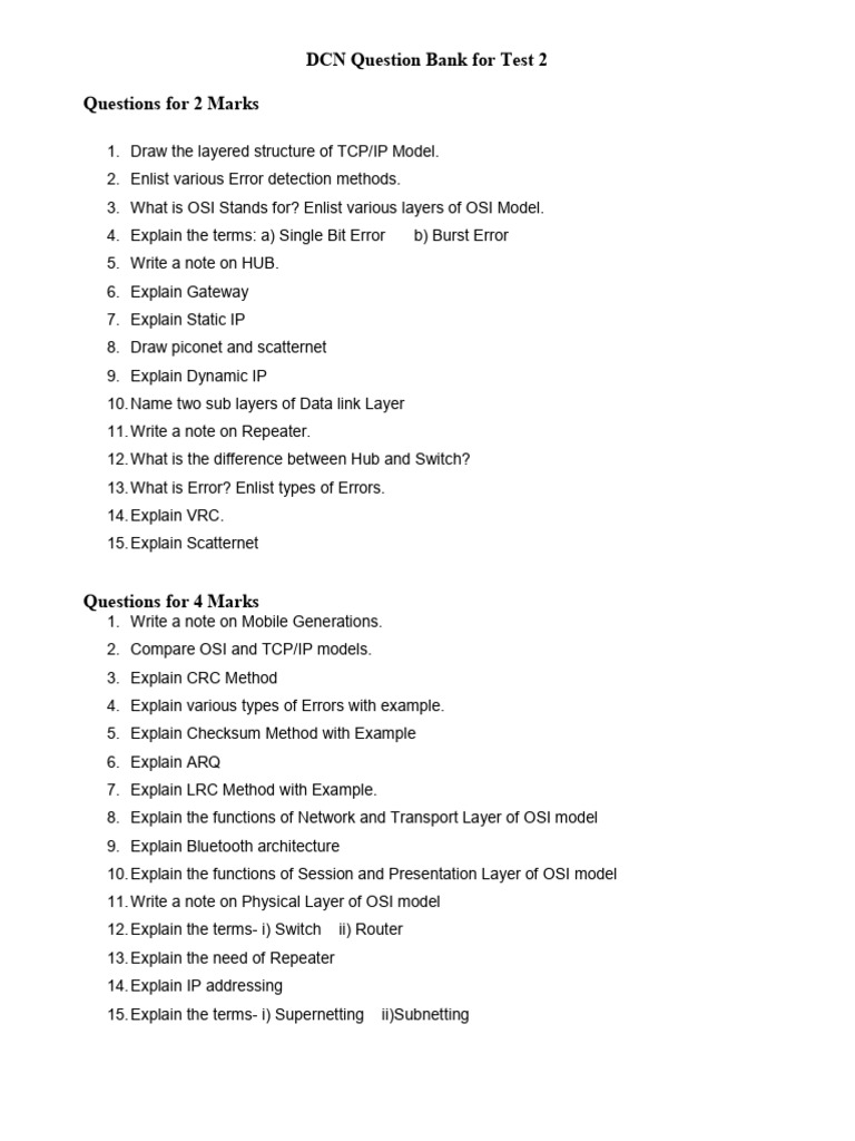 DCN Question Bank Test 2 | PDF