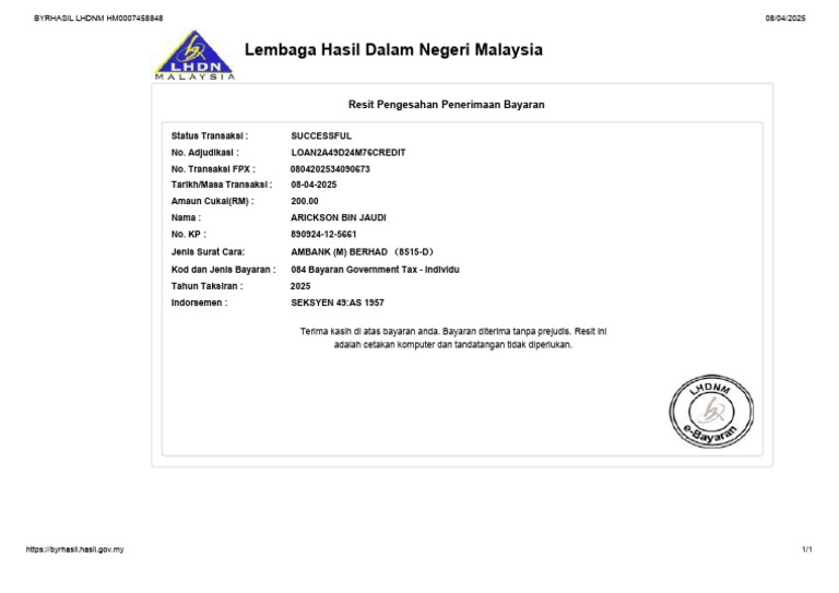 Resit Bayaran Cukai LHDN 2025 | PDF
