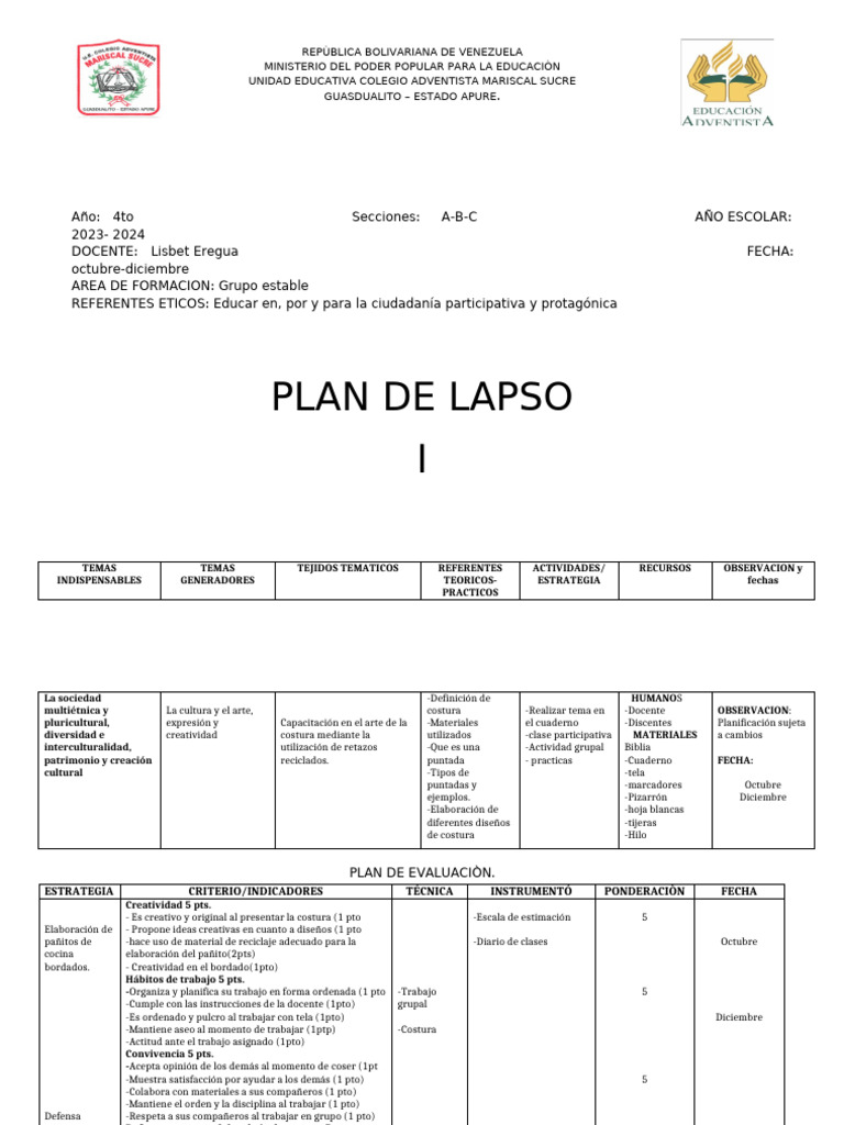 Planificacion Grupo Estable I Lapso | PDF