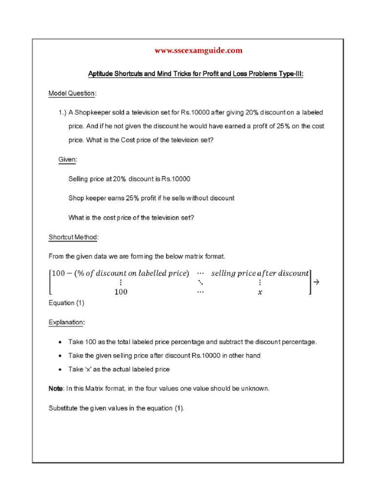 Aptitude Shortcuts For Profit and Loss Problems | PDF