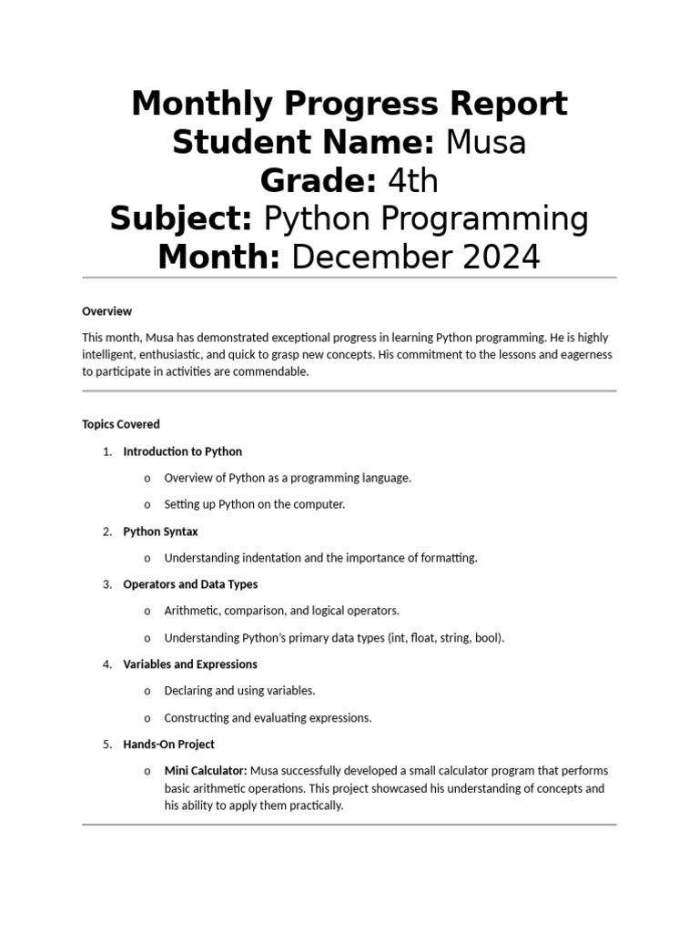 Monthly Progress Report Musa Decembebr | PDF