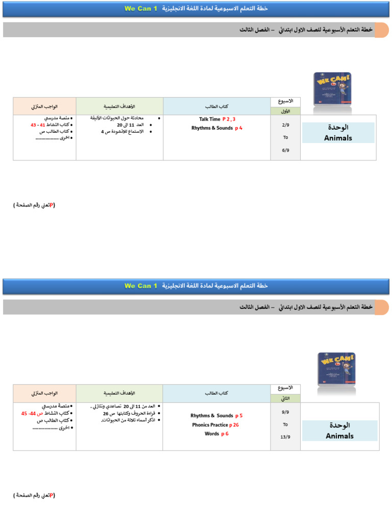 الخطة الاسبوعية مفصلة للفصل الثالث WE CAN 1 ⁩ | PDF