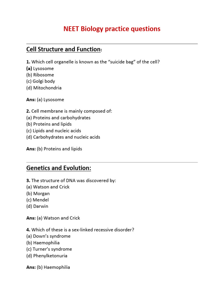 NEET Biology Practice Questions PDF | PDF | Cell (Biology) | Lysosome