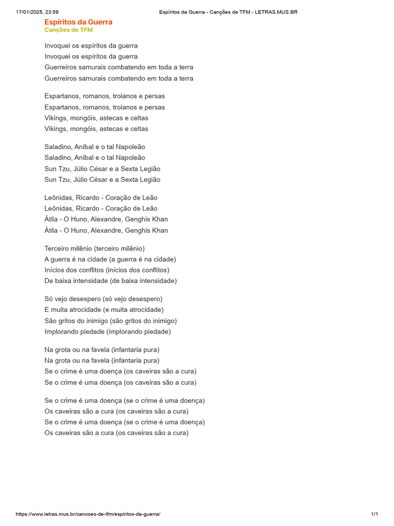 Espíritos Da Guerra - Canções de TFM | PDF