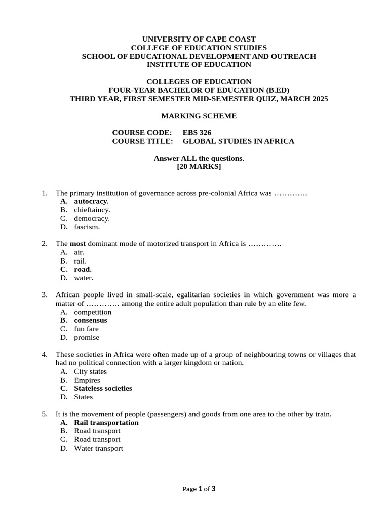 Mid-Semester Quiz on African Studies | PDF