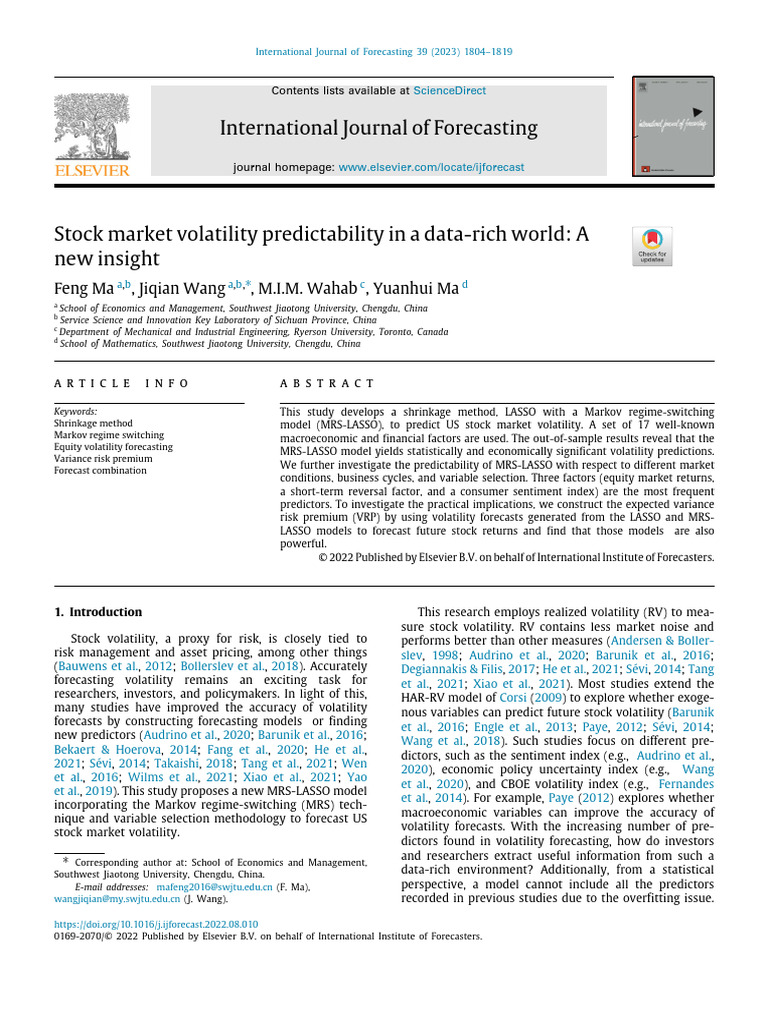 Stock Market Volatility Predictability in A Data-Rich World | PDF | Forecasting | Volatility ...
