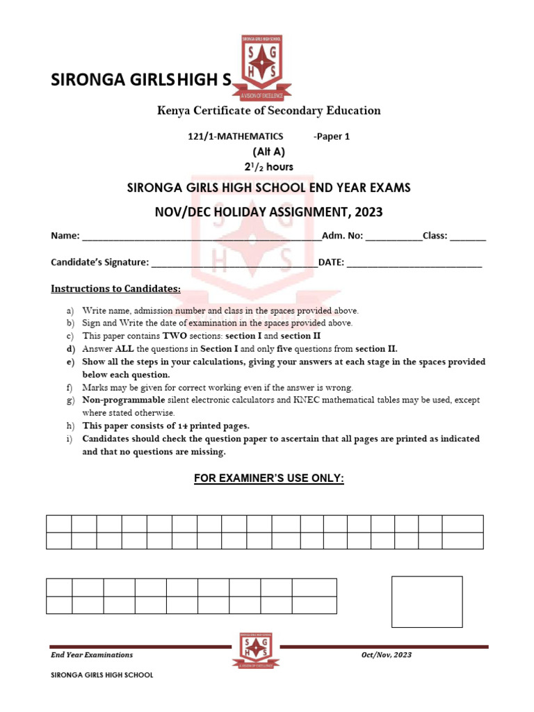 Sironga Girls High School Math Exam 2023 | PDF | Circle | Geometry