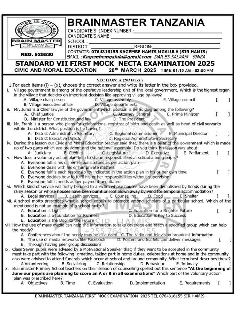 Brainmaster Tanzania G7 First Mock Examination 2025 | PDF
