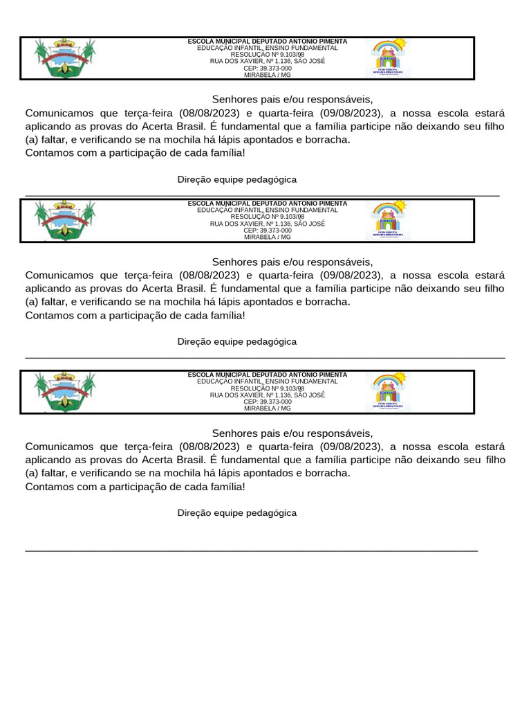 Bilhete Prova Acerta Brasil | PDF | Escolas | Juventude