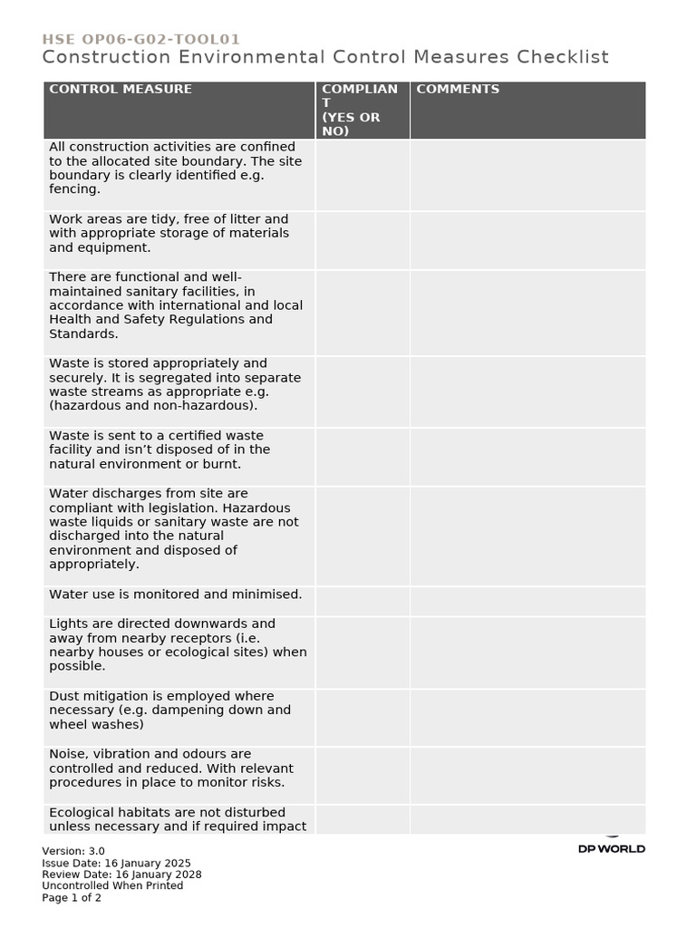 HSE OP06-G02-TOOL01 Construction Environmental Control Measures ...
