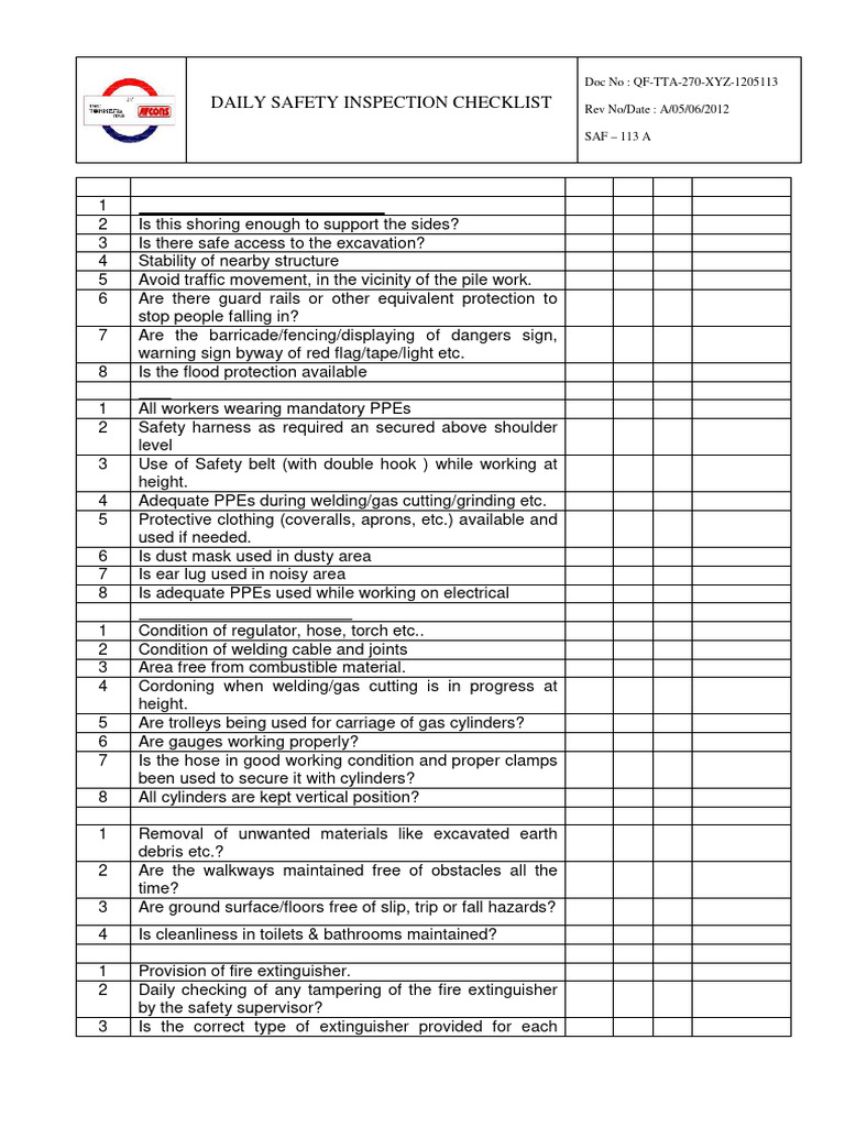 Daily HSE Inspection Checklist | PDF | Personal Protective Equipment ...