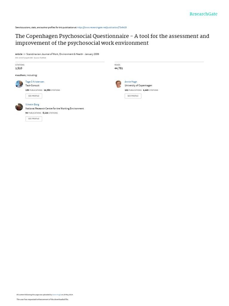 Copenhagen Psychosocial Questionnaire Guide | PDF | Job Satisfaction ...